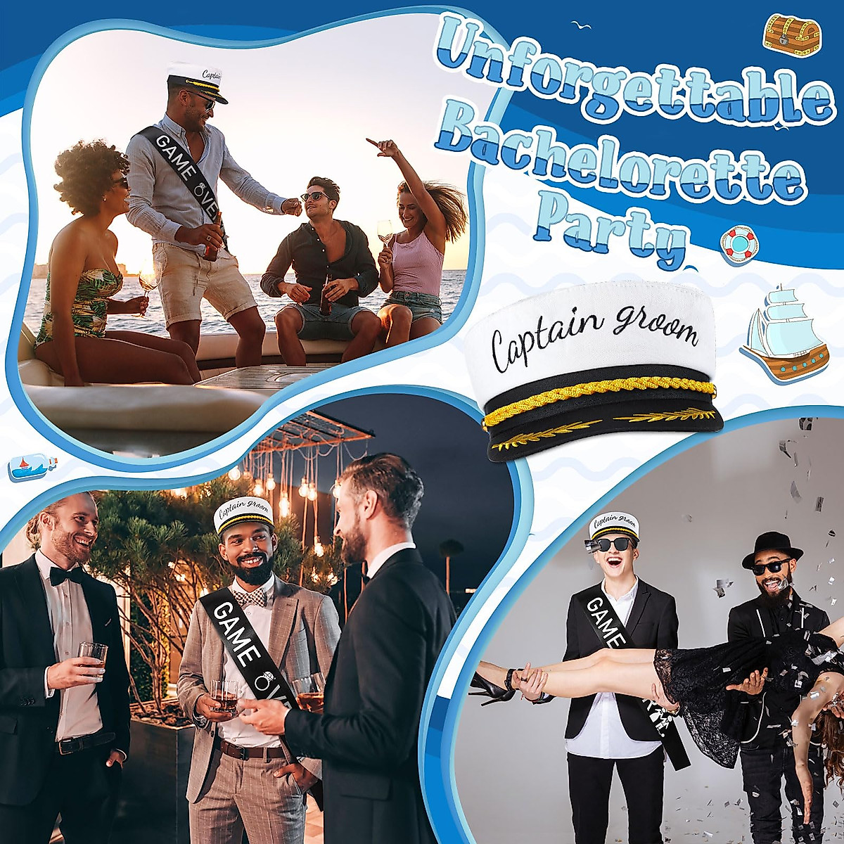 JaGely 3 Pcs Bachelor Party Accessories for Groom Set Include Groom Captain Hat Groom Sunglasses Bachelor Sash Bridal Shower(Stylish Style)