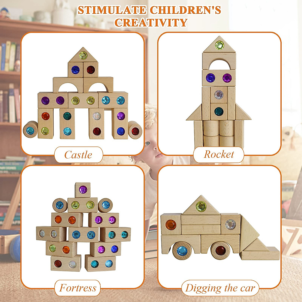 Wooden Building Blocks with 50 Pcs Rainbow Stacker Sensory Blocks Stacking Game Construction Building Toys Set Preschool Construction Color Block Learning Educational Toys for 3-5 Toddlers Boys Girls