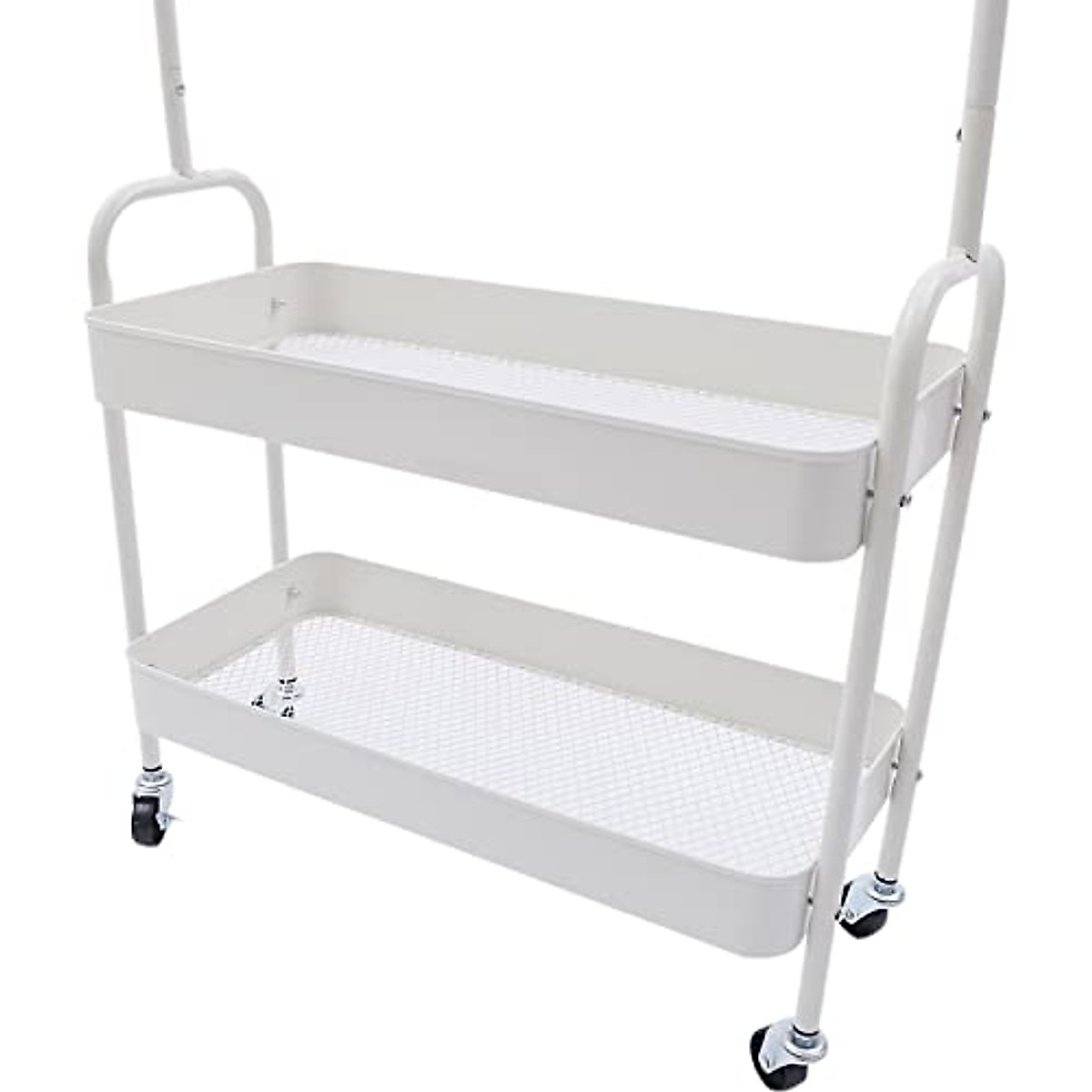 Free-Standing Rolling Garment Rack with 2 Tier Metal Basket, Rolling Storage Cart Clothes Hanging Organizer Coat Rack Storage Stand for Bedroom Laundry Small Place 26.4 x 11.8 x 62.6in
