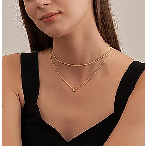 Tewiky Gold Necklace, Dainty Gold Layered Gold Plated Diamond Necklaces Simple CZ Solitaire Pendant Necklace Cute Gold Cubic Zirconia Chain Choker for Women Trendy Girls Gold Jewelry Gift