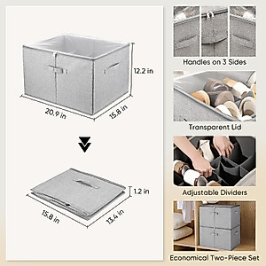 Homaisson 2-Pack Shoe Storage Organizer for Closet, Large Shoe Box Storage + 3 Pack Bed sheet organizers and storage, Foldable Sheet Set Organizers for Linen Closet (Grey+Black)