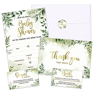 25 Double-Sided Greenery Baby Shower Invitation Set with Envelopes,Gender Neutral Blank Fill-in Invites for Boy or Girl, Double-Sided Diaper Raffle, Thank You Cards and Seals