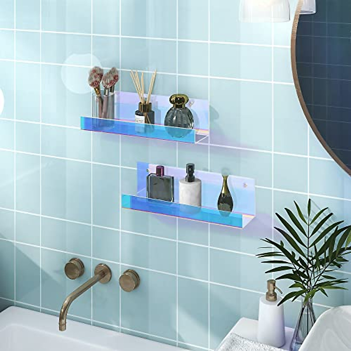 lamplig 2 Pcs Iridescent Shelves, 15'' Wall Mounted Kids Bookshelf, Acrylic Bookshelf for Toys, Rainbow Acrylic Floating Shelves Display Book Shelves for Kids Room Home Decor Ideal