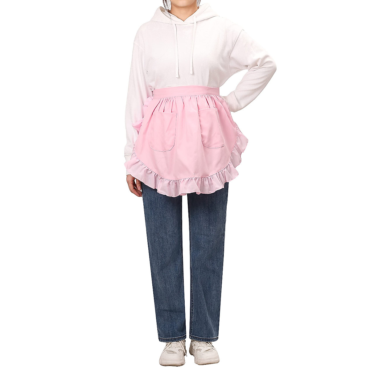 DONGYICS Waist Apron Cute Retro Vintage Half Apron Costumes Cooking Kitchen Ruffle Maid Apron with Pockets for Women (Pink)