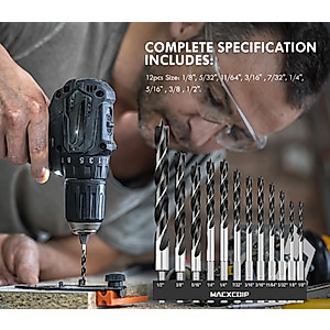 Brad Point Wood Drill Bit Set, 12Pcs Hex Shank Drill Bit Set with Double Flutes Design for Carpenter Woodworking and All Types of Wood (1/8" - 1/2")