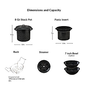 Granite Ware 3 -in-1 Stock Pot - Enameled Steel Pot Ideal for Pasta, Tamales & Canning - Speckled Black Multi Use Pot Set (8 Quarts)