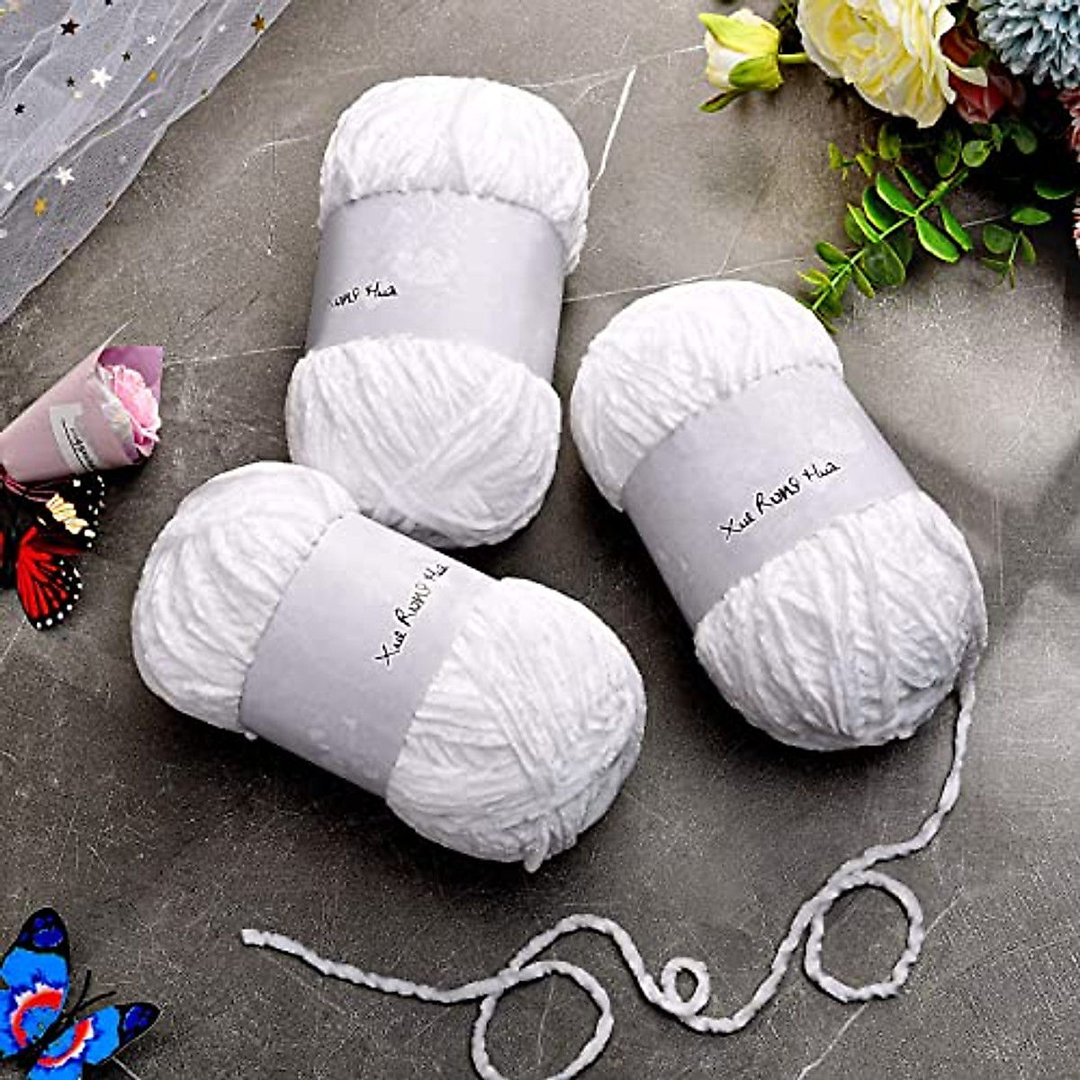 3 Rolls Velvet Yarn White Baby Velvet Yarn Craft Yarn for Knitting Yarn for Crochet Blanket Rug Clothes Knitting Project, 180 Meter and 100 Gram for Each (White)