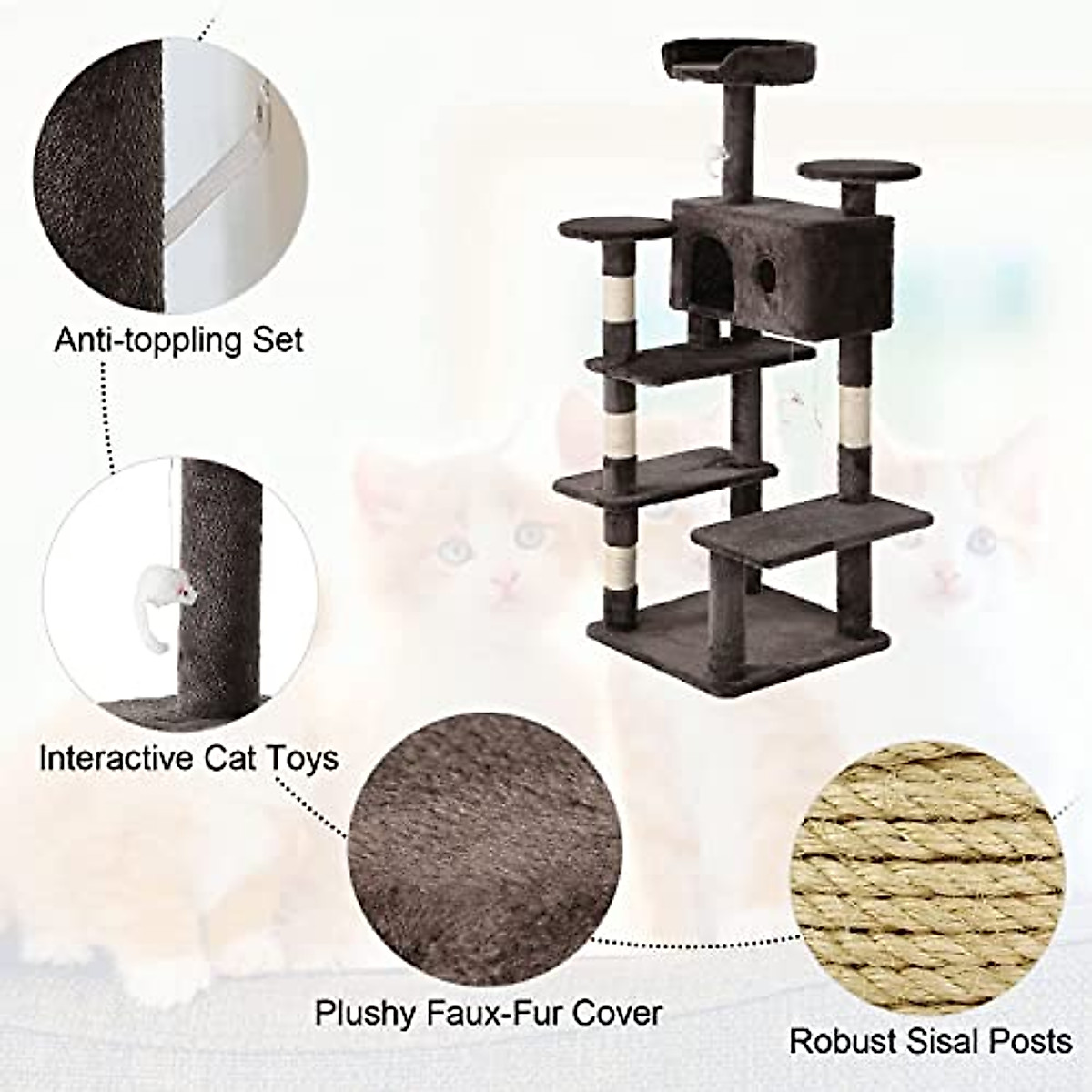 BestPet 54in Cat Tree Tower with Cat Scratching Post,Multi-Level Cat Condo Cat Tree for Indoor Cats Stand House Furniture Kittens Activity Tower with Funny Toys for Kitty Pet Play House (Dark Gray)