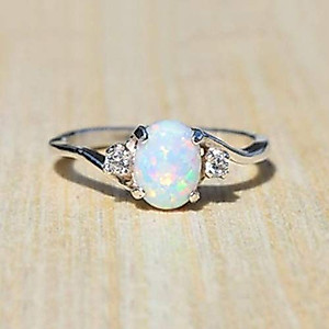 XINSHUN Exquisite Women's 925 Sterling Silver Ring Oval Cut Fire Opal Diamond Jewelry Birthday Proposal Gift Bridal Engagement Party Band Rings (White 6)