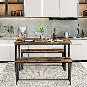 DKLGG Dining Table Set for 4, Industrial 3 Pcs Dining Table Set, Bench Dining Table Set with Metal Frame, Space-Saving Dining Room Furniture for Small Space, Restaurant Table Size 47.2x28.7x28.7 inch