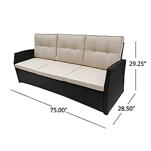Christopher Knight Home Amigo Outdoor 3 Seater Wicker Sofa, Dark Brown with Beige Cushions