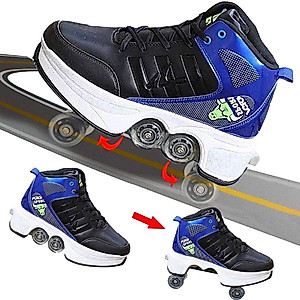 Roller Skates for Women， Men's Outdoor Skates,Skates for Girls/Boys,Adult Two -in-One Deformed Double-Row Four-Wheel Automatic Walking Shoes//Kick Roller Skates Shoes,K-10