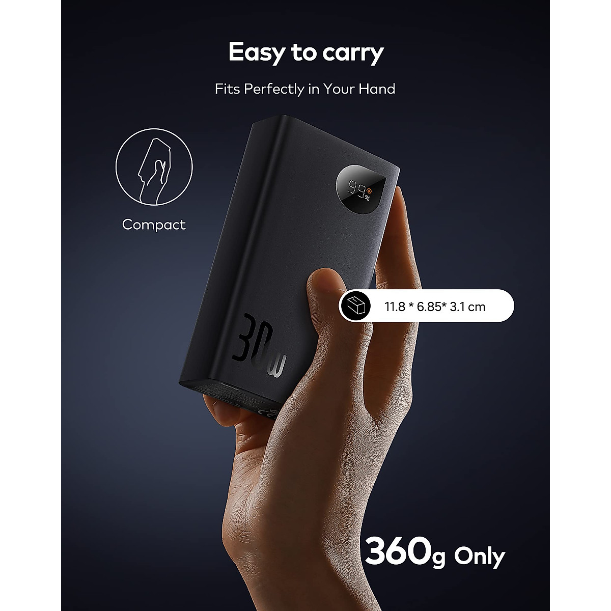 Baseus 20000mAh Portable Laptop Charger, PD 30W Power Bank, Battery Pack with Fast Charging, 3 Port Charging USB-C Portable Phone Charger for iPhone 15/14/13 Series, MacBook and Steam Deck (Dark Gray)