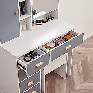 meolanov Large Vanity Desk Set with Mirror and Hidden Shelves & Cushioned Stool & 5 Drawers, White for Women Girls Bedroom