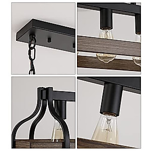 MEIXISUE Rustic Kitchen Island Dining Room Light Fixture Farmhouse Linear Chandelier Black and Retro Wood Finish 5-Light Industrial Metal Hanging Pendant Light UL Listed L33.5 W10.6