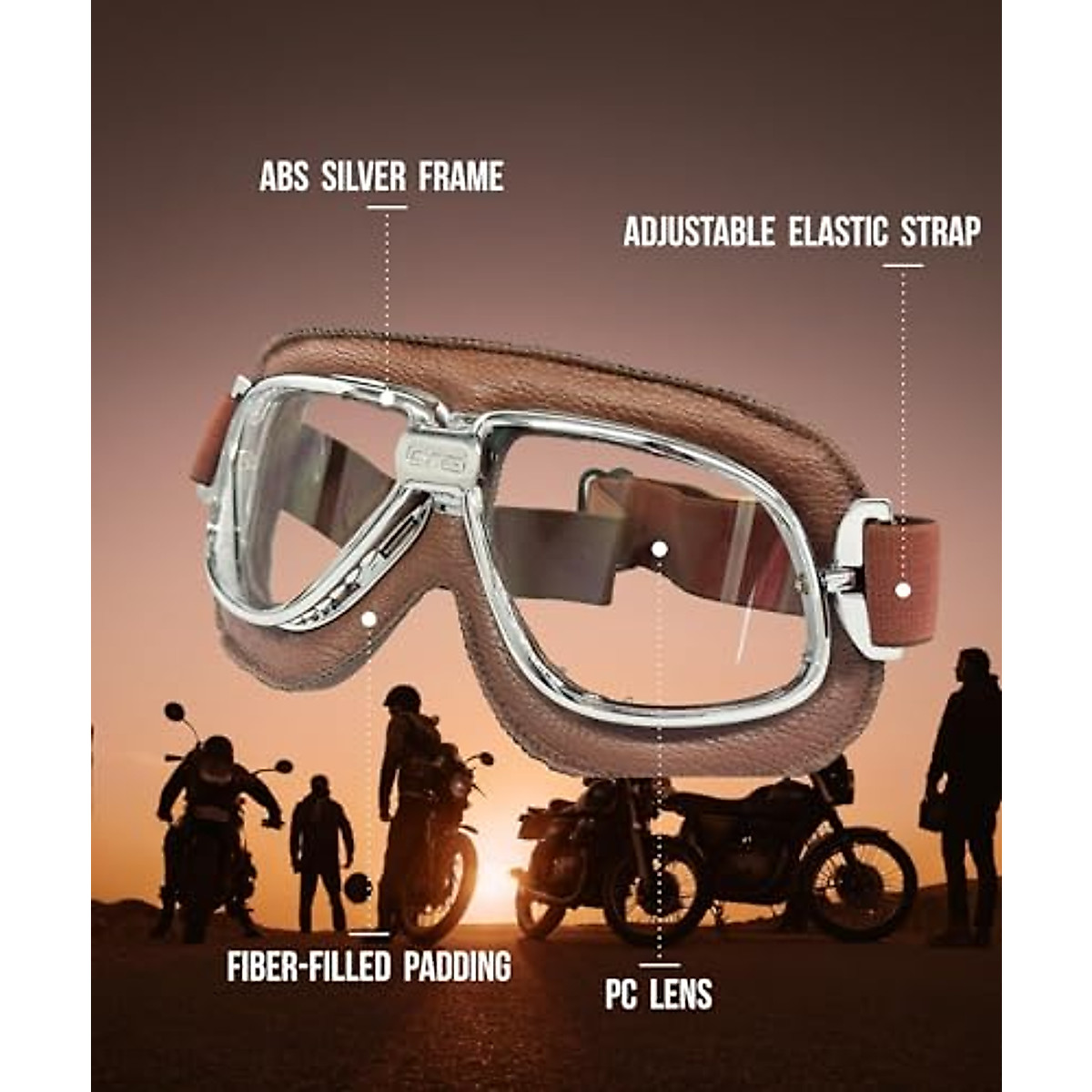 CRG Sports Motorcycle Goggle Aviator Pilot Style Cruiser Scooter Motocross Goggles for Men, Women, Adults