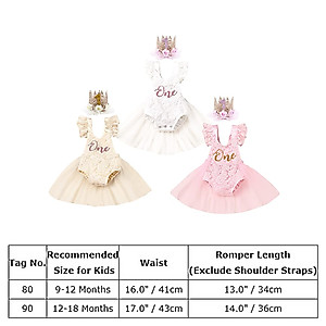 Baby Girl First Birthday Outfit Ruffle Short Sleeve Floral Lace Romper Tulle Dress Backless Jumpsuit Lace Romper Tutu Dress+ Baby Flower Crown Cake Smash Party Outfits Photo Shoot White 12-18 Months