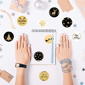 Christmas Stickers for Envelopes Holiday Labels 500PCS Black & Gold Seals Faux Glitter for Holiday Christmas Party Decoration