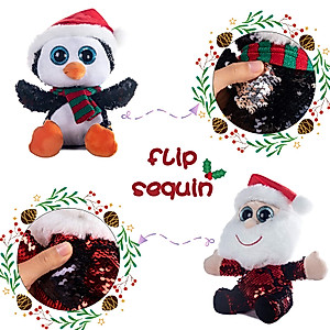 My OLi 7" Plush Christmas Stuffed Animals Flip Sequin Plush Christmas Santa Claus Penguin Snowman Reindeer Plush Toys Pack of 4 Christmas Ornaments for Kids