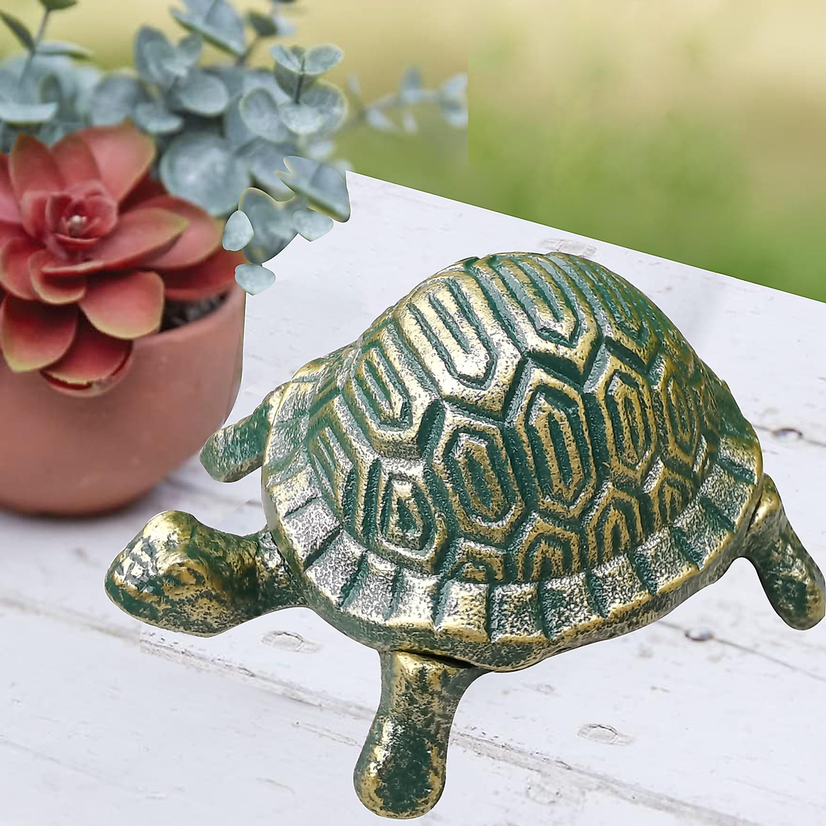 BSTWISH Cast Iron Turtle Key Hider - Spare Key Holder - Garden Decoration Turtle, Jewelry Trinkets Box for Key, Ear Studs, Ring, Paper Clip (Antique Green)