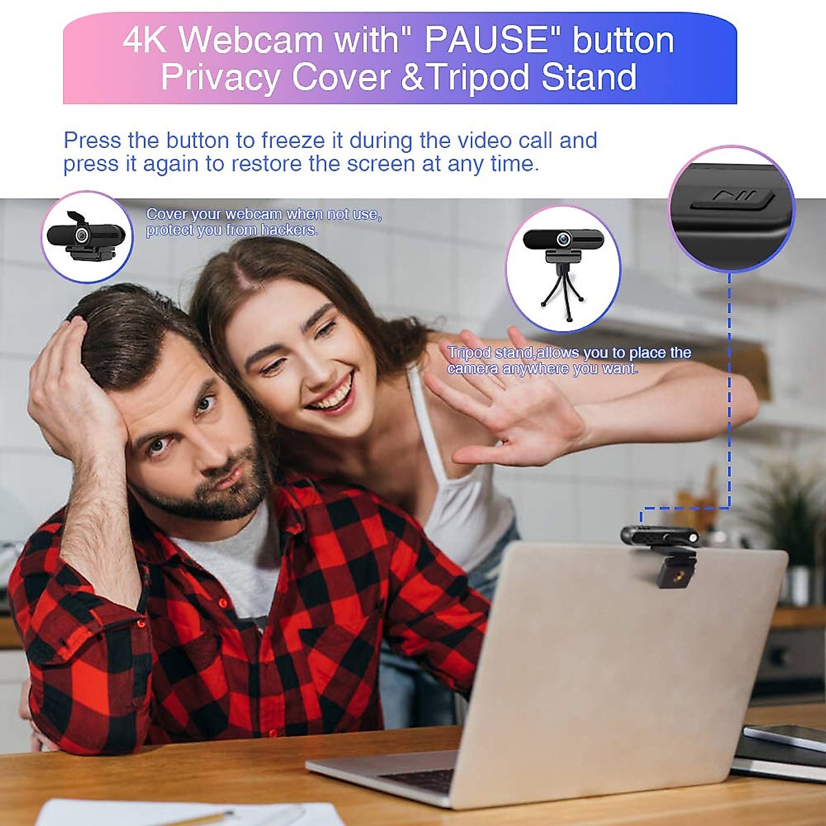 HZQDLN 4K Webcam with Microphone, 8MP Laptop PC Desktop Computer Web Camera, USB Webcams for Video Calling Recording Streaming Video Conference, Webcam with Tripod，Privacy Shutter