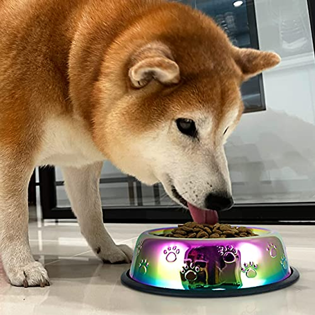 The Magical Kitchen Collection - Iridescent Rainbow Pet Bowl Set - Heavy Duty Stainless Steel Water & Feeder Bowls for Cats/Dogs with Non-Skid Rubber Base, 32 Oz. / 4 Cup Capacity Each (Set of 2)