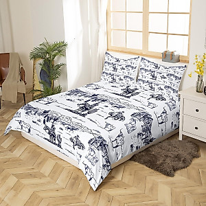 Western Cowboy Duvet Cover Set Queen Size,Sketch Highland Cow Horse Desert Bedding Set for Kids Boys Men Adult Room Decor,Southwest Rustic Farm Animals Comforter Cover Navy White Quilt Cover 3Pcs