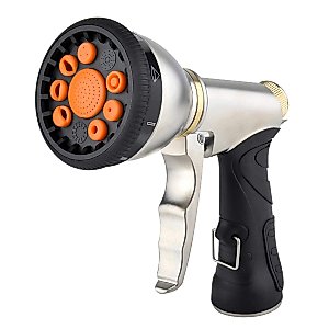 HouGariee Hose Nozzles 9 Adjustable Patterns Hose Spray Nozzle Heavy Duty Metal Hose Nozzle Spray Slip Resistant Water Sprayer for Cleaning/Watering Lawn Garden/Pets Shower/Car Washing, silvery-4