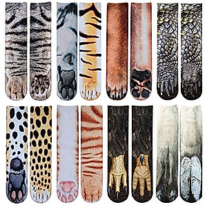 8 Pairs Animal Paw Socks Funny Weird Christmas Gifts Stocking Stuffers Novelty Crazy Crew Socks for Women Men Boys Girls Kids (35cm, Dinosaur Cat Tiger Leopard Eagle Dog Orange Cat Camel)