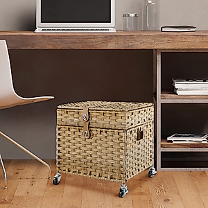 ETRONIK Rolling File Cabinet, Updated 2 Layer File Cabinets for Home Office, Hand Woven File Box with Wheels, File Organizer for Hanging Letter Size Folder, Home Decorative Document Basket, Flaxen