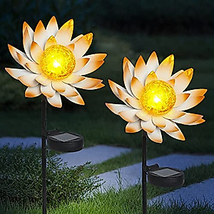 NAN ZAI NAN FANG Solar Lights Outdoor Garden Decor, 2 Pack Crackle Globe Glass Metal Solar Lotus Lights, Waterproof Solar Lotus Stake Light for Patio,Lawn,Yard,Walkway,Pathway(Yellow)