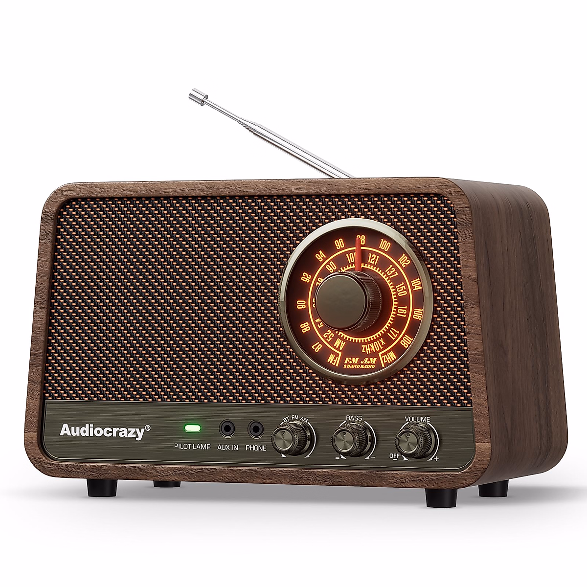 Audiocrazy AM FM Radio Retro Table Top Radio with Bluetooth Speaker,Vintage Wooden Finish Radio Plug in Wall for Home, Office,Aux in, Headphone Jack, Bass Control