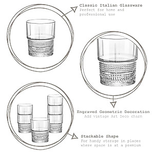 Bormioli Rocco Novecento Barware DOF Glass, Stackable, Set Of 4, 12.5 oz, Clear, Vintage Design, Made In Italy.