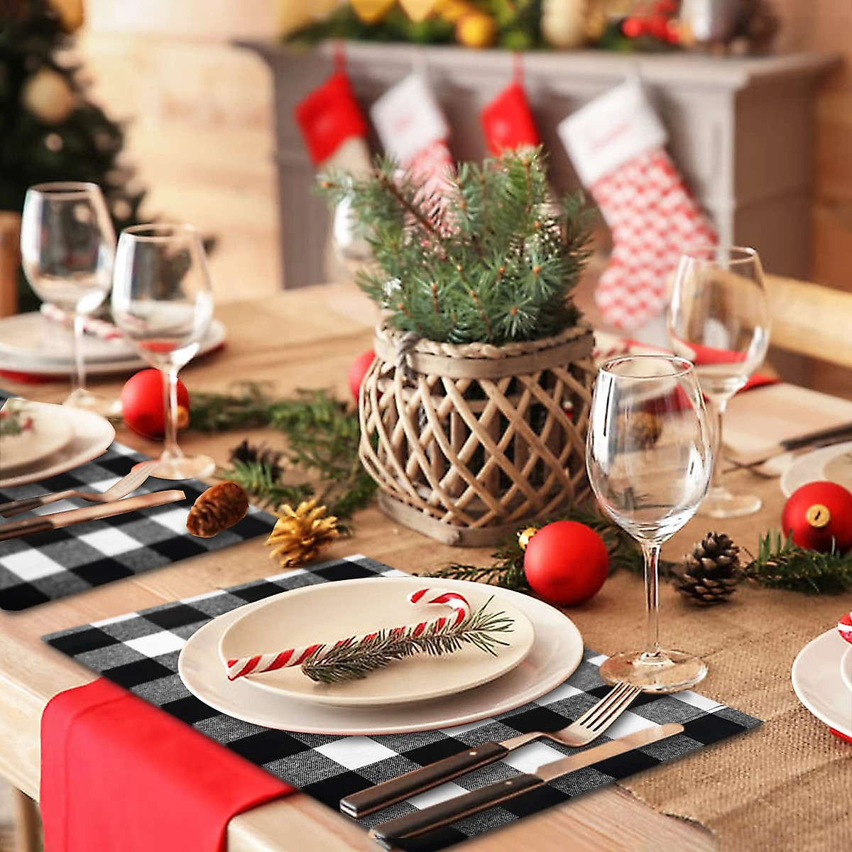 Senneny Set of 6 Christmas Placemats Buffalo Check Placemats Black White Plaid Reversible Burlap & Cotton Placemats for Christmas Holiday Table Home Decoration