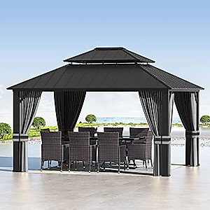 Gotland 12' x 14' Hardtop Gazebo,Outdoor Galvanized Steel Metal Double Roof Gazebo with Curtains and Netting for Patios, Gardens, Lawns,Sand
