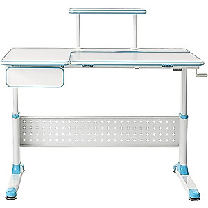 ApexDesk Little Soleil DX 43" Children's Height Adjustable Study Desk w/Integrated Shelf & Drawer (Desk+Chair Bundle – Blue)