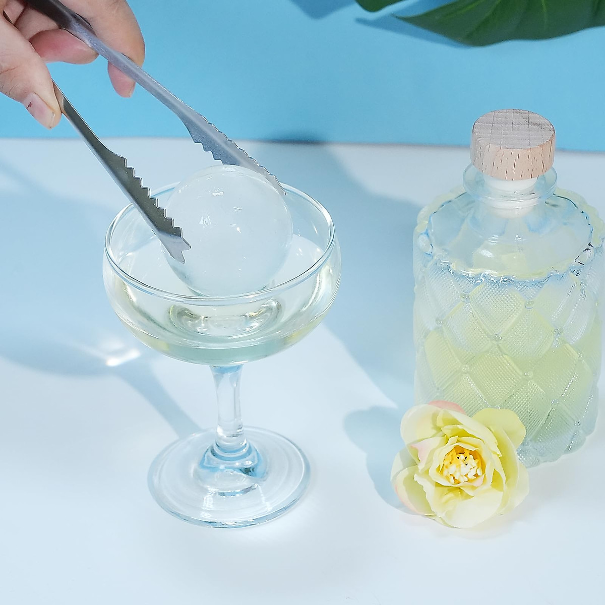 Toobimen Ice Cube Tray with Lid&Bin, 1.9'' Whiskey Ice Mold, 2Pack Ice Ball Maker Mold, Large Ice Cube Trays with Tong, Easy Fill & Release Making Ice Balls for Whiskey Cocktails Bourbon (Blue)