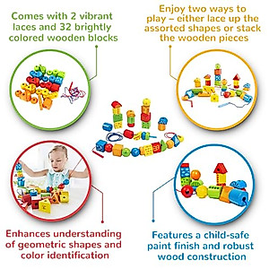 Hape String-Along Shapes | Classic 32 Piece Wooden Block Stacking Game, Multi-Colored Lacing Toy