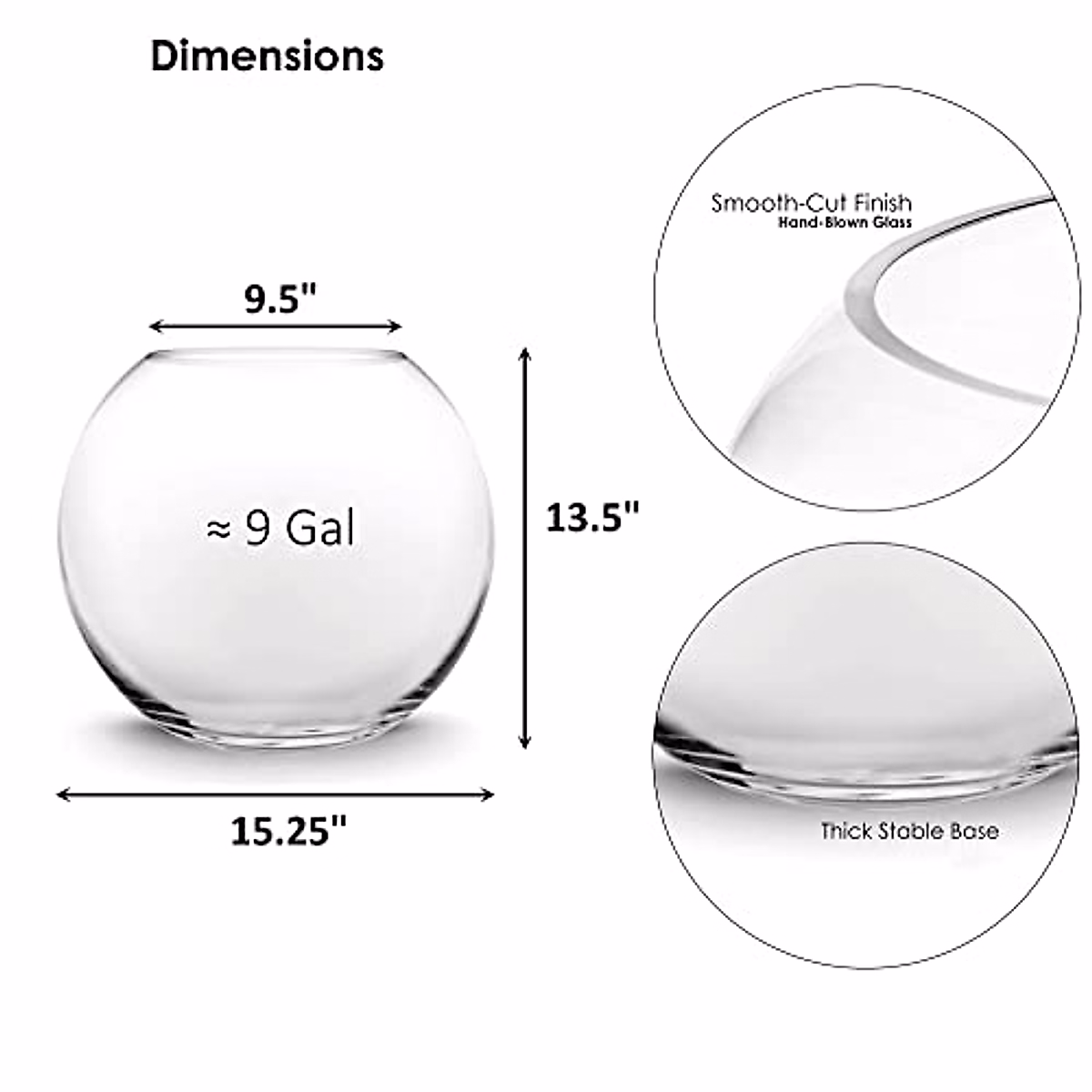 CYS EXCEL Large Glass Bubble Bowl (H-13.5" W-15.25", Approx. 9 Gal.) | Multiple Size Choices Fish Bowl Vase | Glass Round Bowl Terrarium | Globe Flower Vase Centerpiece