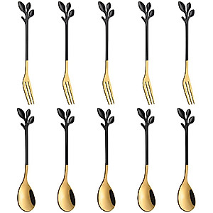 AnSaw Black Swan Base Holder with 5-Pieces 4.7-inch Small Coffee Spoons And 5-Pieces Dessert Fork,Leaf Handle Set (Black & Gold)