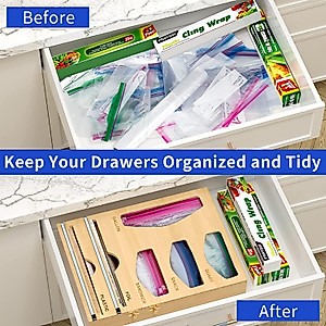 ZZ LIFE 6-in-1 Kitchen Drawer Organizer - Foil and Plastic Wrap Dispenser with Cutter, Ziplock Bag Storage for Gallon, Quart, Sandwich, and Snack Sizes - Organized Bamboo Storage For Home and Kitchen