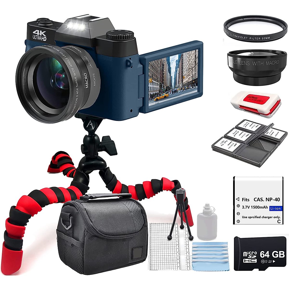 eDealz 4K 48MP Digital Camera Kit Photography Vlogging Camera for YouTube with Flip Screen, WiFi, Wide Angle & Macro Lens, 64GB Micro SD Card, 12" Flexible Tripod, Carrying Case, Card Reader (Navy)