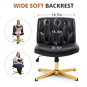 TURRIDU Home Office Armless Swivel Chair, Criss Cross Golden Legs No Wheels PU Leather Wide Seat Mid Back Aesthetic Chair for Living Room Bedroom Vanity Makeup Reading Computer Desk Task, Black