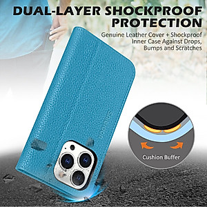 SHIELDON Wallet Case for iPhone 15 Pro Max, Genuine Leather RFID Blocking Card Holder Folio Magnetic Stand Shockproof Protective Cover Compatible with iPhone 15 Pro Max 6.7" - Litchi Grain Light Blue