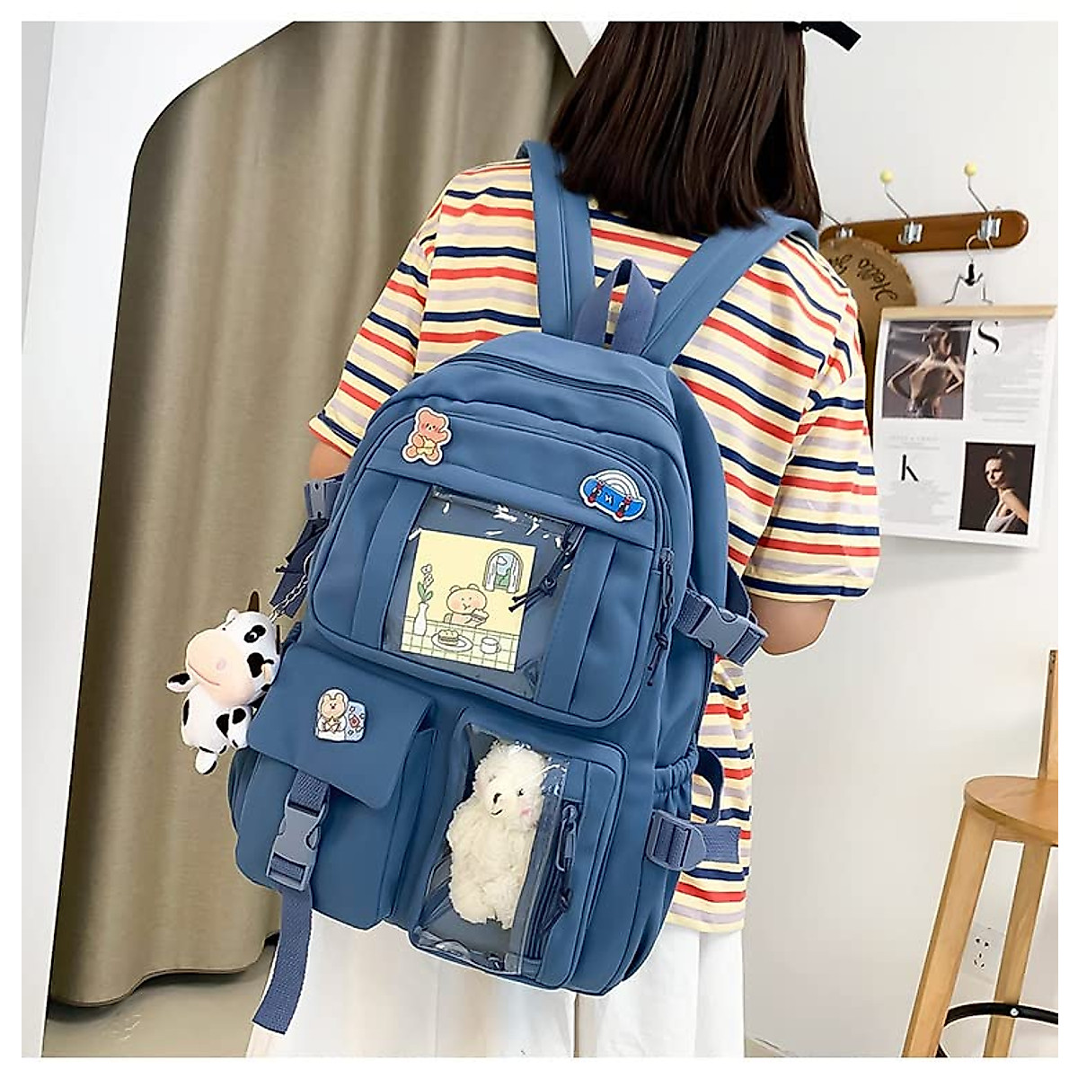 vfdgsaz Kawaii Backpack with Pin and Pendant，Cute Aesthetic Backpack ，Outdoor Sports Leisure Bag for Girls and Boys (blue,one size)