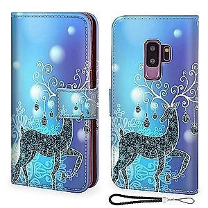 Wallet Case for Samsung Galaxy S9 Plus, PU Leather with Cash Card and Wrist Strap Christmas Deer for Cell Phone Case Fits Samsung Galaxy S9 Plus (2018) [6.2"]