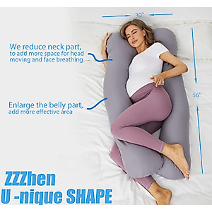 ZZZhen Pregnancy Pillow for Sleeping, U Shaped Maternity Pillow - 56 Inch with Grey Microfiber Removable Cover, Multi- Use and Support Back, HIPS, Legs, Belly for Pregnant Women Sleeping
