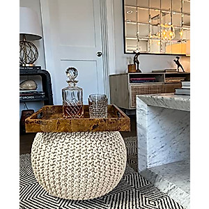 FRELISH DECOR Round Pouf Ottoman Hand Knitted Cotton Poufs Footrest,Foot Stool, Knit Bean Bag Floor Chair for Bed Room Living Room | Accent Seat | Boho Decor | Stuffed Pouffe (20x20x14 Inch, Natural)