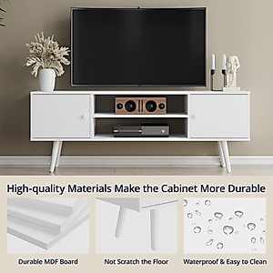 Mid-Century Modern TV Stand for 55/60 inch TV, Entertainment Center with Storage Cabinet and Open Shelves, TV Media Console for Living Room, Bedroom and Office, White