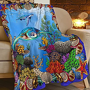 Sea Turtle Blanket Super Soft Cozy Ocean Sea Turtle Seashell Starfish Fleece Throw Blanket Warm Fuzzy Plush Sea Turtle Decor Bedding Blanket Gifts for Women Kids 40"X50"